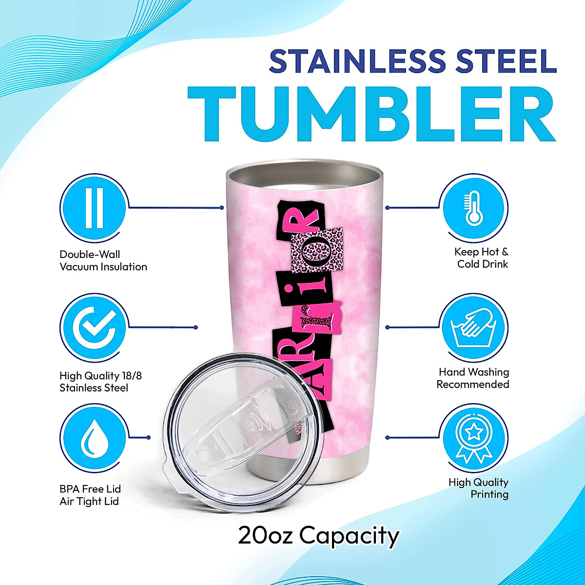 Hyturtle Personalized Breast Cancer Awareness Gifts For Women - Custom Name Stainless Steel Tumbler Coffee 20 oz With Lid - Warrior Breast Cancer Gifts For Friend, Mom On Awareness Month, Christmas