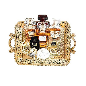 chancegift Turkish Tea Coffee Beverage Dinning Serving Tray with Handled Ottoman Motif Decorative Middle Table Drink Bathroom Rectangular Suitable for Gift (16.5x10.7x1 INC) 42x28x2cm Gold, (A2022)