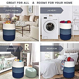 COMSE Extra Large Blanket Basket, High Storage Basket, Tall Rope Laundry Basket, 15.7”x 21.7”, Cotton Rope Basket, XXXL Laundry Basket, Toy Basket, Clothes Baskets,White/Cadet Blue/Navy Blue