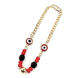 LESLIE BOULES Red Evil Eye Beads Bracelet 18K Gold Plated Chain Charm Azabache