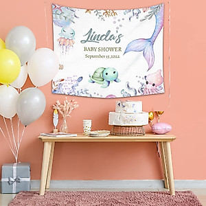 Personalized Mermaid Baby Shower Backdrop, Custom Name Date Baby Shower Backdrop for Girl, Little Mermaid Background for Girls Birthday Baby Shower Party, Mermaid Baby Shower Decorations
