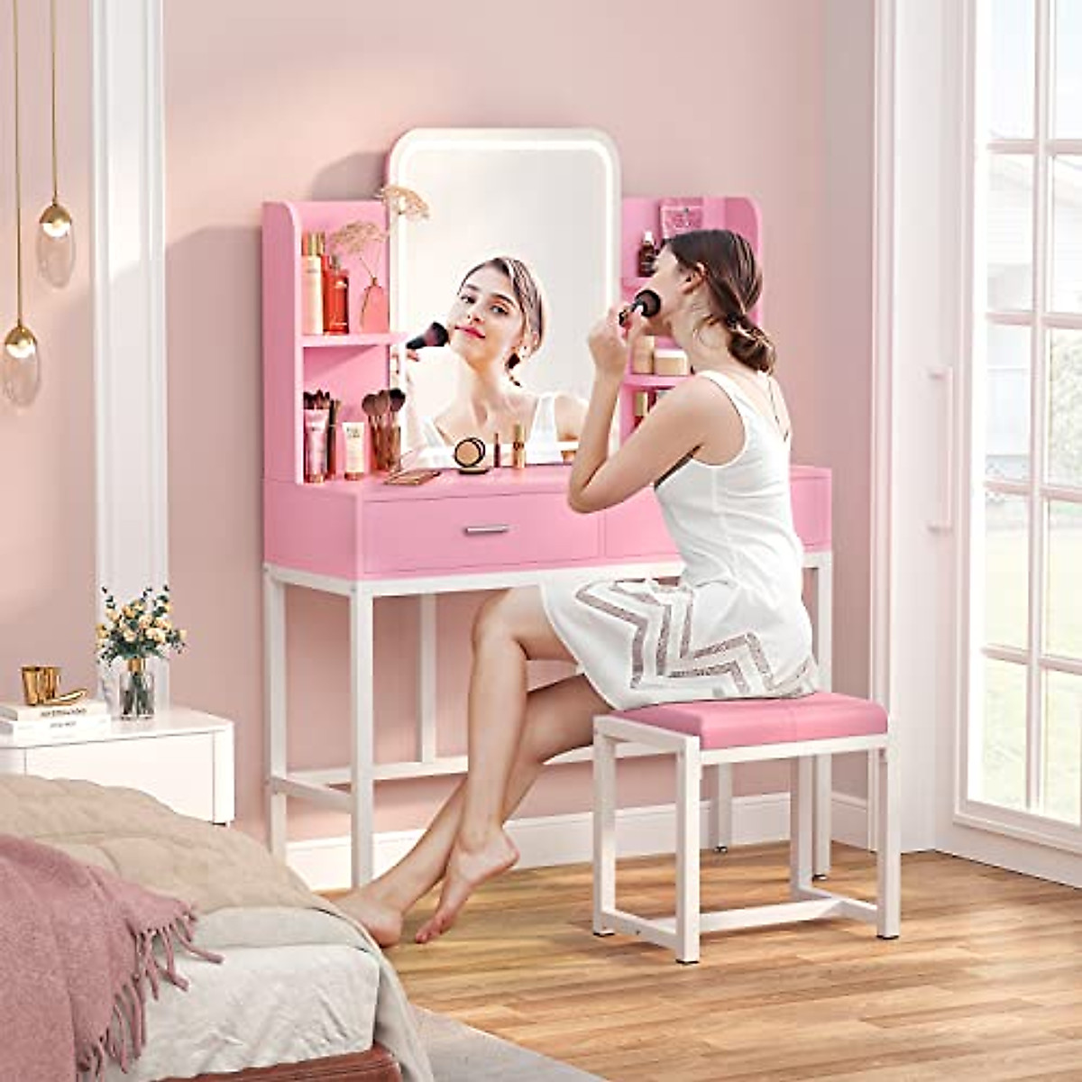 armocity Vanity Desk with Mirror and Light, Makeup Vanity with Cushioned Stool, Vanity Table Set with 3 Color Lighting Options, Modern Dressing Table with 2 Storage Drawers for Bedroom, Pink