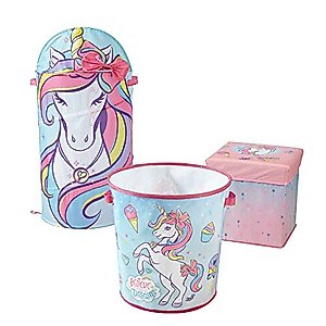 Idea Nuova JoJo Siwa Believe in Your Dreams Unicorn 3 Piece Collapsible Storage Set with Collapsible Ottoman, Bin and Figural Dome Pop Up Hamper, Pink