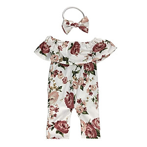 Giggle Angel Newborn Girl Photography Prop Jumpsuit Floral Romper Pant Set with Matching Bowtie