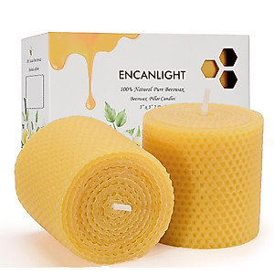 Beeswax Pillar Candles, 3x3 in Hand-Rolled Honeycomb Candle 2 Pack - Dripless and Smokeless, Approx 12 Hours Burn Time for Home Decor Party Wedding Dinner