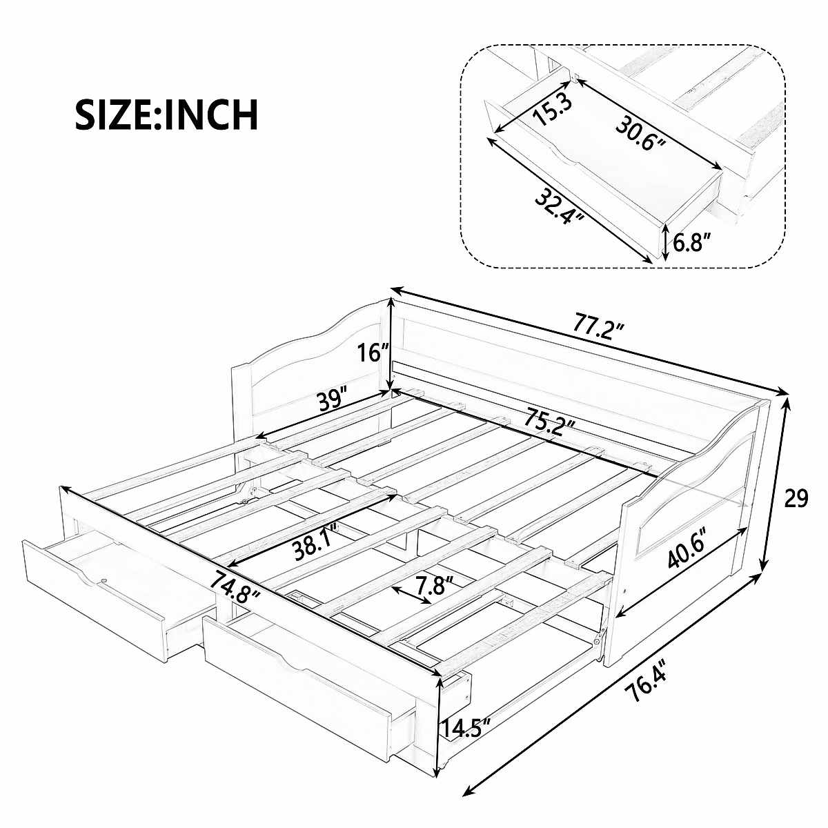 LERFAN Extending Daybed House Bed with Two Drawers and Trundle Bed, can be Expanded from Twin Size to King Size, No Box Spring Needed, 77.2" L x 76.4" W x 29" H Espresso