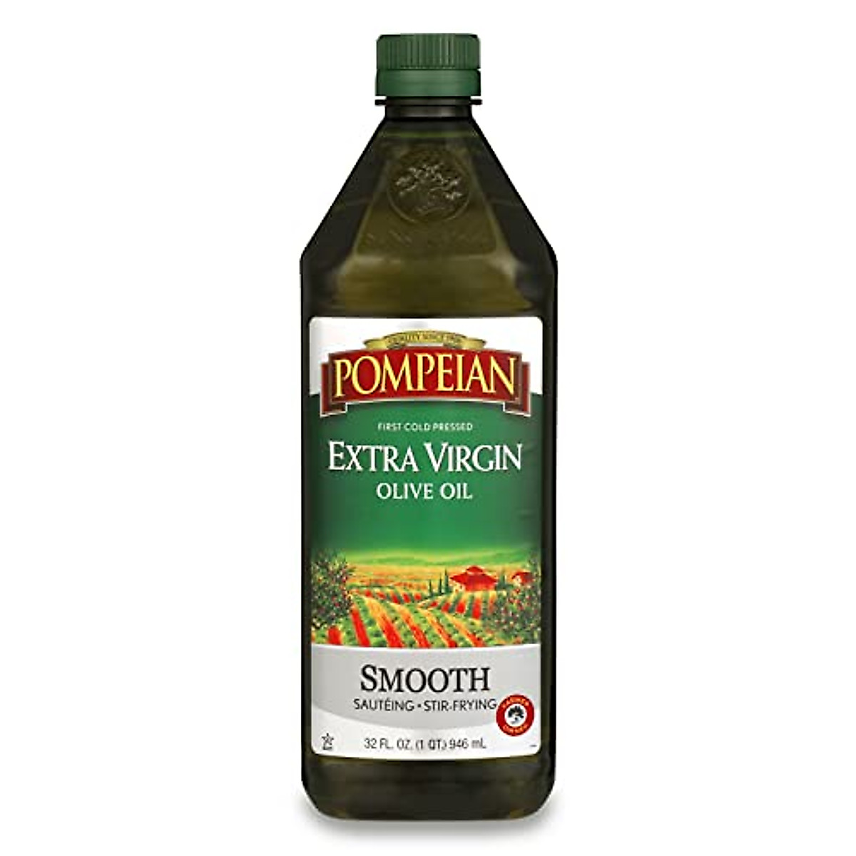Pompeian Smooth Extra Virgin Olive Oil, Contains Polyphenols, First Cold Pressed, Mild and Delicate Flavor, Perfect for Sauteing & Stir-Frying, Naturally Gluten-Free, Non-GMO, 32 Fl Oz, Single Bottle