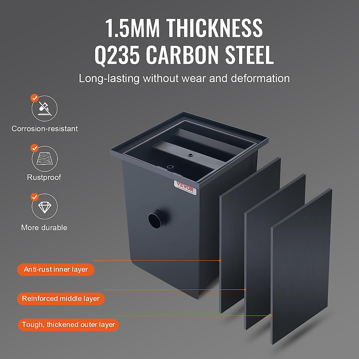 VEVOR Commercial Grease Trap, 8 LBS Grease Interceptor, Side Inlet Interceptor, Under Sink Carbon Steel Grease Trap, 4.6 GPM Waste Water Oil-water Separator, for Restaurant Canteen Home Kitchen