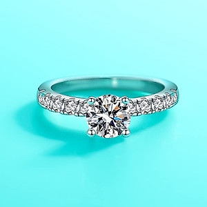 1.0CT Moissanite Rings for Women, D Color VVS1 Clarity Brilliant Round Cut Solitaire Lab Created Diamond Ring Rhodium Plated S925 Sterling Silver 4 Prong Moissanite Engagement Ring, Stone, Moissanite