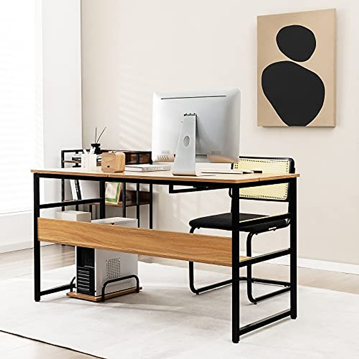 Tangkula 55-Inch Computer Desk, Drafting Table with Tiltable Desktop for Drawing Writing Reading Studying, Multifunctional Art Desk Craft Workstation with CPU Stand & Storage Shelf for Home Office