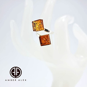 AMBER ALEX Cognac Amber Square Shape Adjustable Ring Sterling Silver, Genuine Baltic Amber.