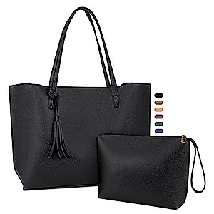 Tote Bag for Women Leather Purses and Handbags Tassel Shoulder Bag Purse Set 2pcs (Black)