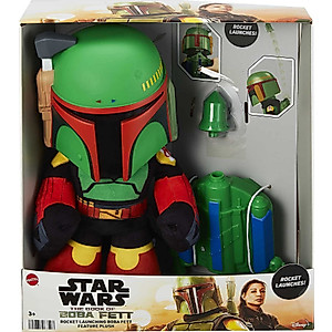 Mattel Star Wars Plush 12-inch Toy, Boba Fett Rocket Launching Soft Doll, Removable Air-Powered Rocket Launcher with Projectile