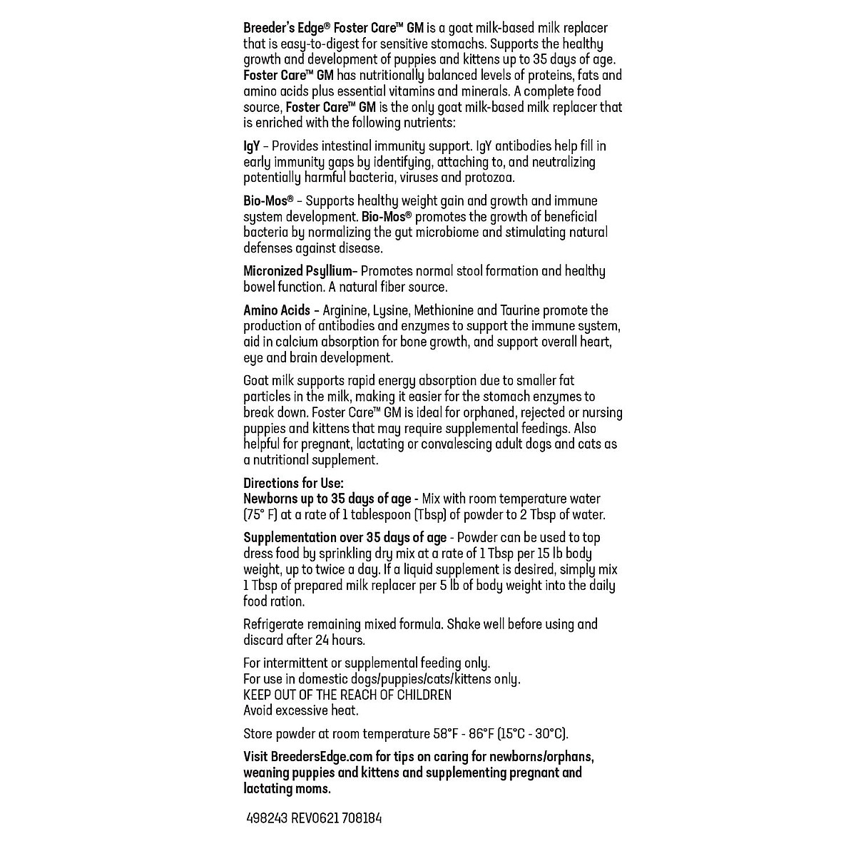 Breeder's Edge Foster Care GM - Goat Milk Based Powdered Milk Replacer - Puppies , Kittens , Cats & Dogs Formula - Easy Digestion - 5 lb