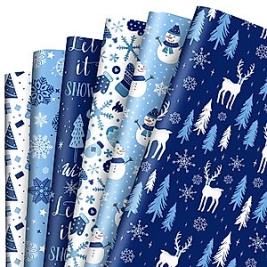 AnyDesign 12 Sheet Christmas Wrapping Paper Blue White Winter Gift Wrap Paper Bulk Snowman Snowflakes Xmas Tree Art Paper, 27.6 x 19.7 Inch, Folded Flat