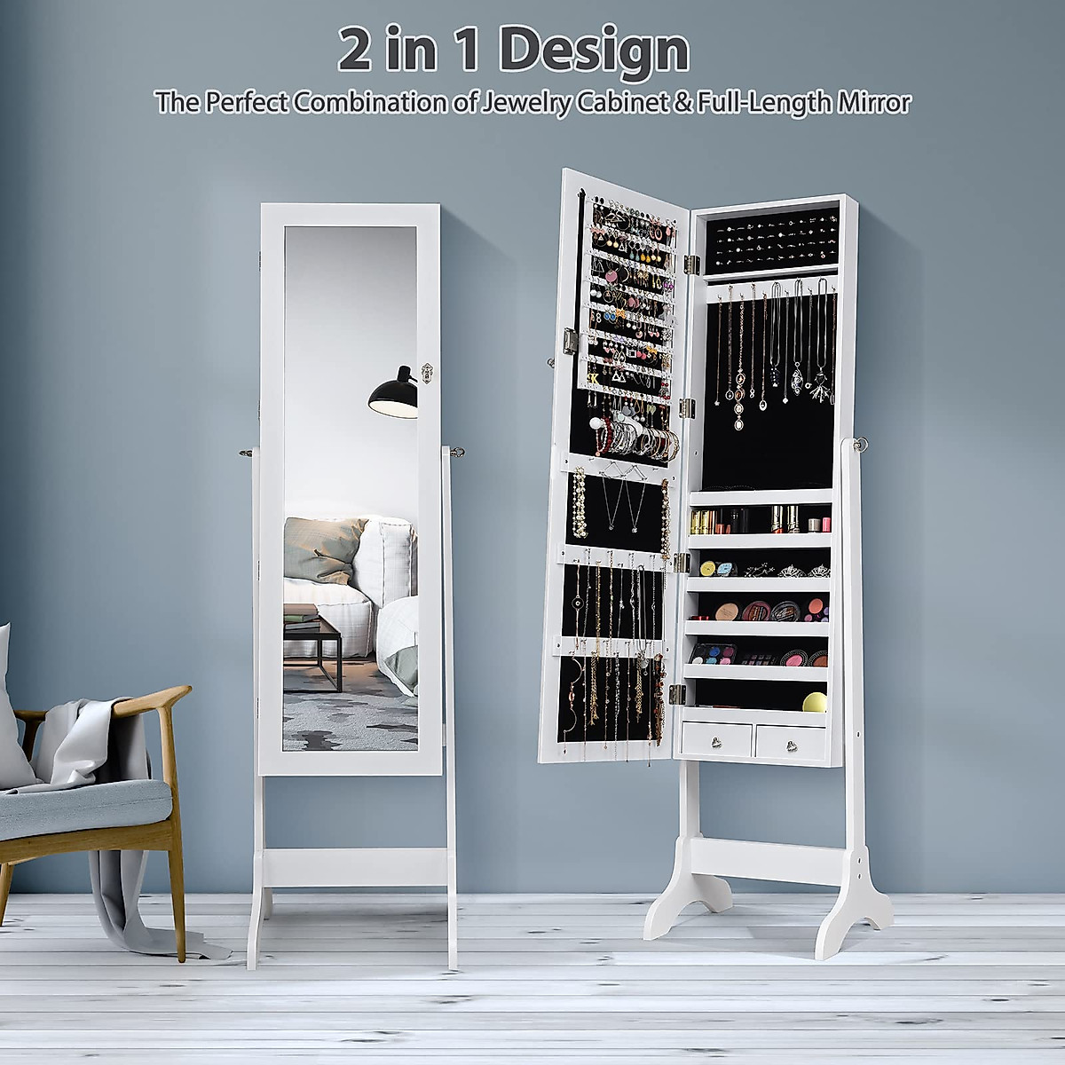 COSTWAY Standing Jewelry Armoire Cabinet, 4-Angle Tilting Jewelry Organizer with Full-length Mirror and Large Storage Capacity, Lockable Jewelry Cabinet for Bedroom, Dressing Room (White)