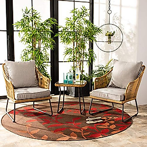 SAFAVIEH Outdoor Collection Jensen Natural Brown Rattan/Grey Seat Cushion 3-Piece Patio Lounge Bistro Set with Table (PAT9008A)