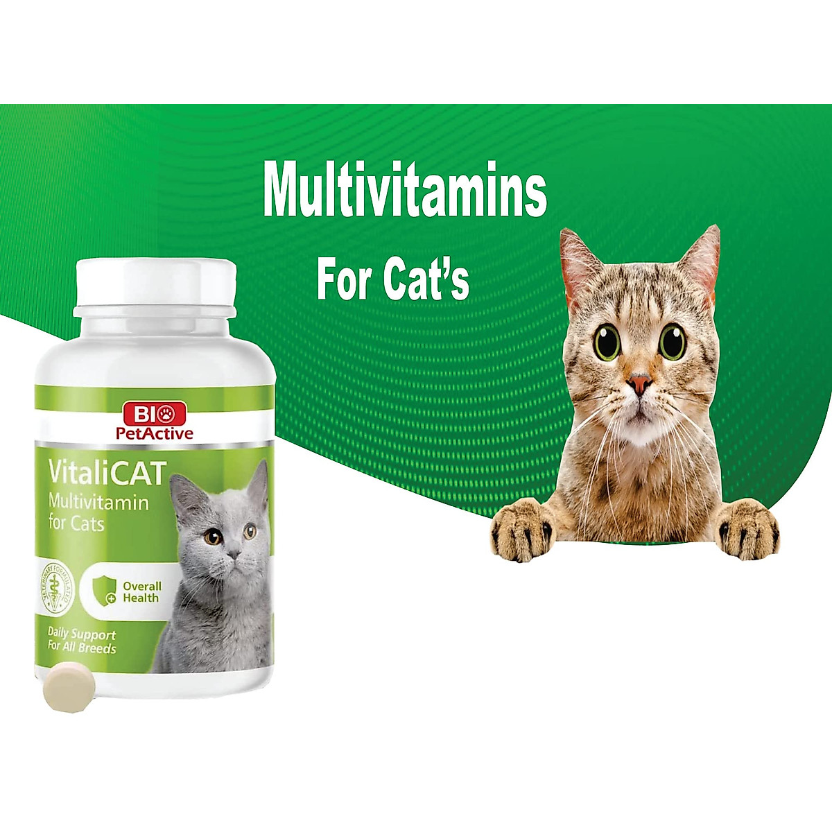 VitaliCAT Multivitamin for Cats, Skin and Coat Supplement, Cat Prenatal Health Supplies, Vitamin A + E + B9 + B5 + H + Biotin + Amino Acids for Cats, 150 Chewable Tablets
