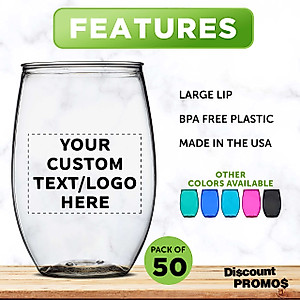 Custom Plastic Stemless Wine Glasses 16 oz. Set of 50, Personalized Bulk Pack - BPA Free, Great for Outdoor Lounges, Poolside, Parties and Other Events - Clear