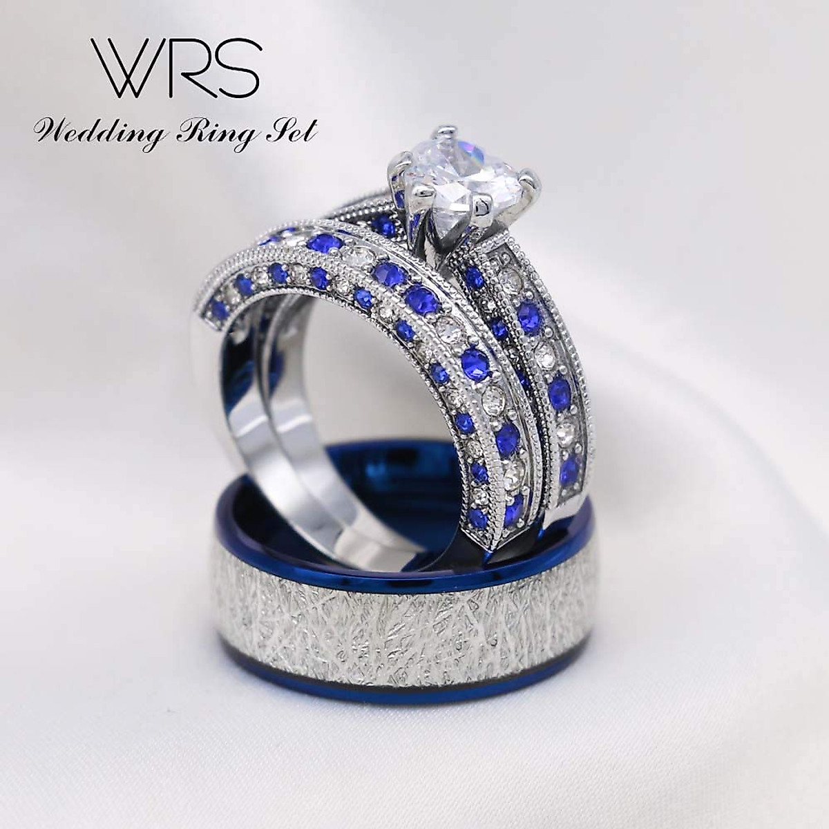 Two Rings His Hers Wedding Ring Sets Couples Matching Rings Women's 2pc White Gold Filled Heart CZ Wedding Engagement Ring Bridal Sets Men's Stainless Steel Wedding Band