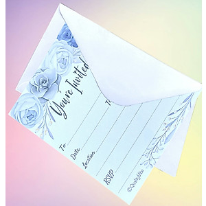 25 Gray & Blue Flower Invitations With Envelopes, Fill In Style You're Invited, Elegant Gray, Birthdays, Baby & Bridal Showers. Thick & Non Coated Cardstock For Use With Any Pen.