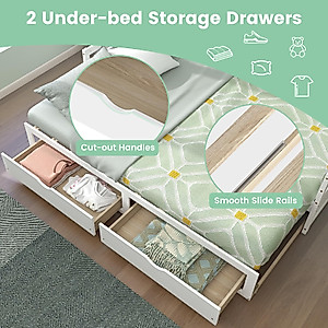 KOMFOTT Wood Daybed with Trundle, Extendable Twin to King Daybed Frame with 2 Storage Drawers, Space Saving Dual-use Sofa Daybed for Bedroom, Guest Room, No Box Spring Required (White)