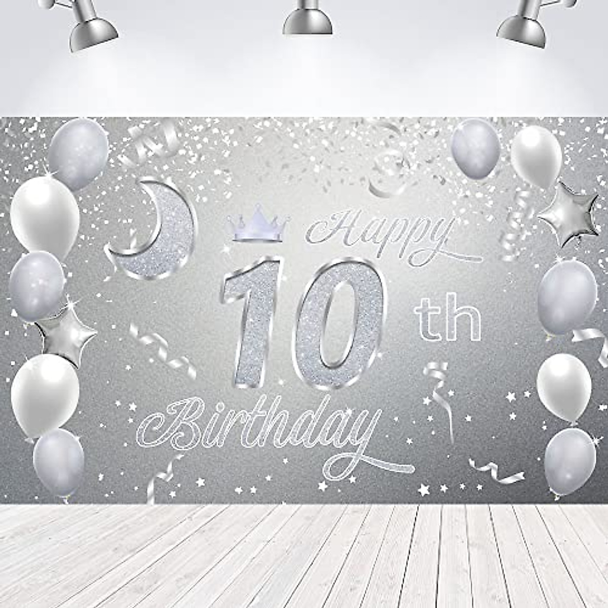 Sweet Happy 10th Birthday Backdrop Banner Poster 10 Birthday Party Decorations 10th Birthday Party Supplies 10th Photo Background for Girls,Boys,Women,Men - Silver 72.8 x 43.3 Inch