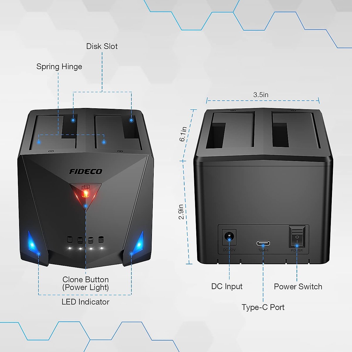 FIDECO USB 3.2 Gen 1 to Hard Drive Docking Station, Hard Drive Dock for 2.5 or 3.5 inch SATA I/II/III HDD SSD with Hard Drive Duplicator/Offline Clone Function and 2 USB Cables, Support UASP