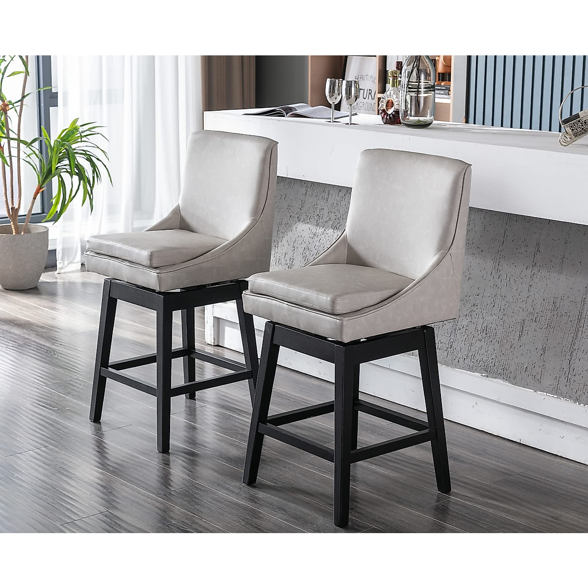 Kmax PU Leather Counter Height Bar Stools Swivel Modern Bar Stools with Wood Legs Footrest for Dining Room Kitchen Island, Set of 2- Beige