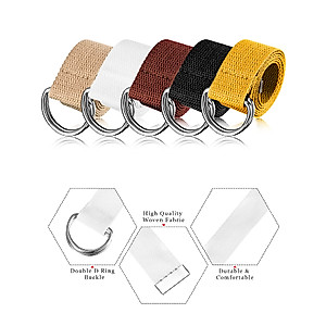 Geyoga 5 Pieces Canvas Belts D Ring Web Belt for Men Women, Fabric Belt with Double Buckle for Pants Skirts Shirts Christmas Favor