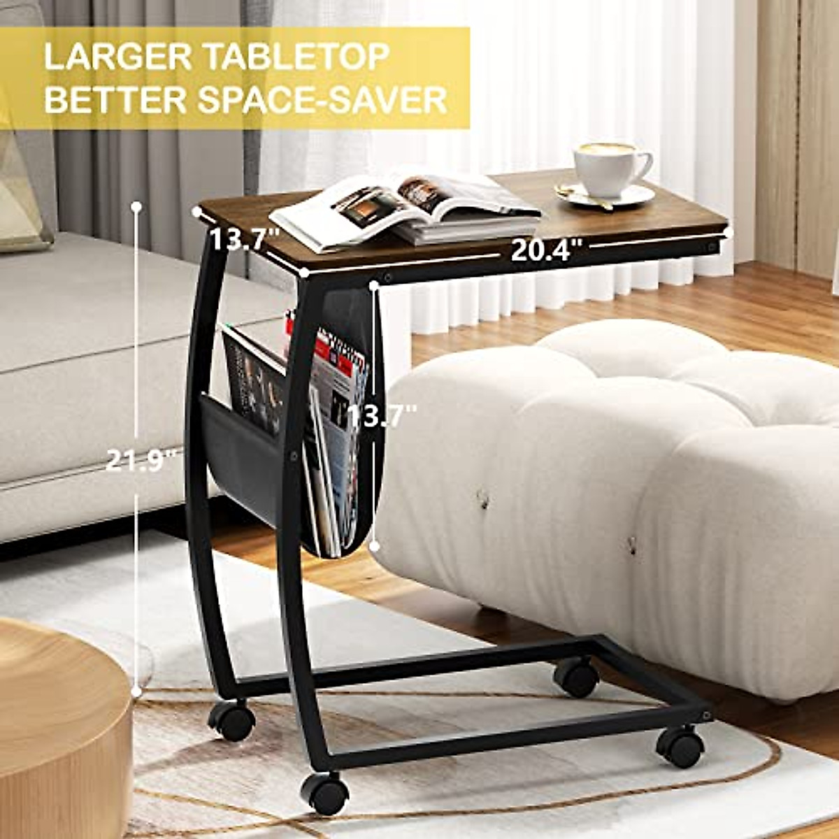 SRIWATANA Side Table, C Shaped End Table with Storage Pocket and Rolling Wheels for Laptop Coffee Snack, Light Walnut
