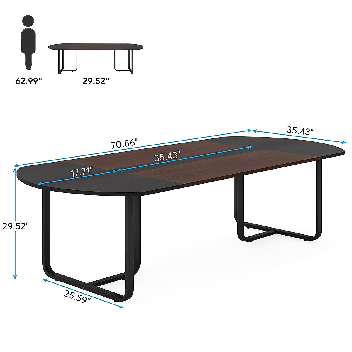 Tribesigns 70.86" Modern Oval Dining Table with Walnut and Black Finish Splicing Board, Curved Kitchen Tables for 6-8, Large Dining Room Table with Stylish Metal Legs (Walnut+Black)