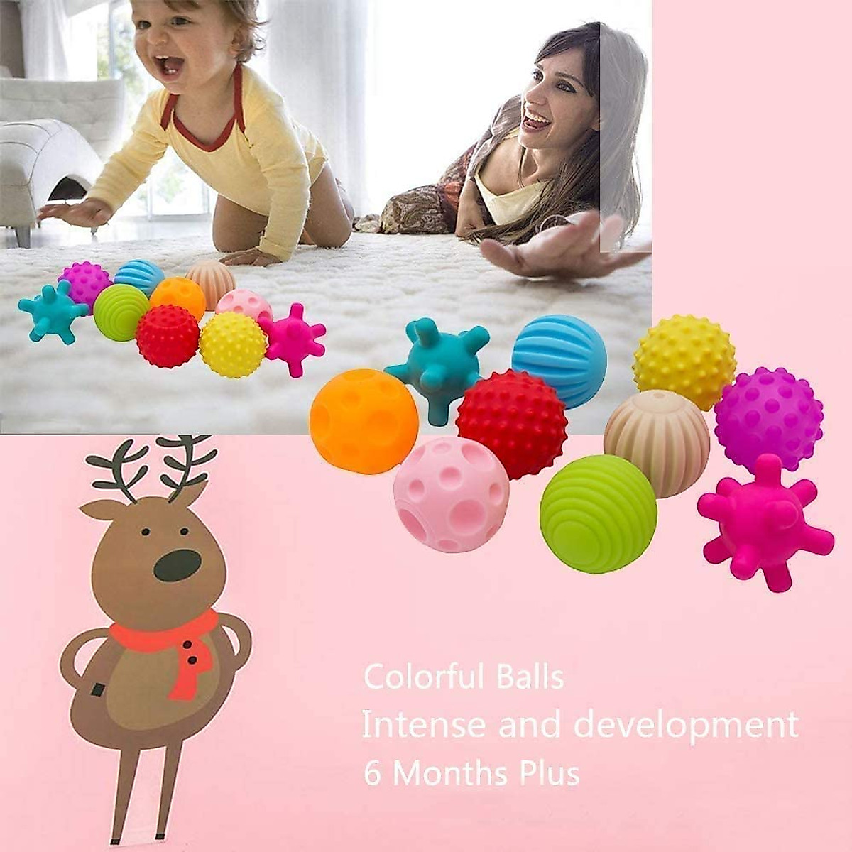 ROHSCE Baby Textured Multi Ball Set, 6pcs Colorful & Bright Child Touch Hand Ball Toy Infant Sensory Balls Massage Soft Ball, 6-12 Months Baby Learning Grasping Soft Sensory Toys for Kids Gift