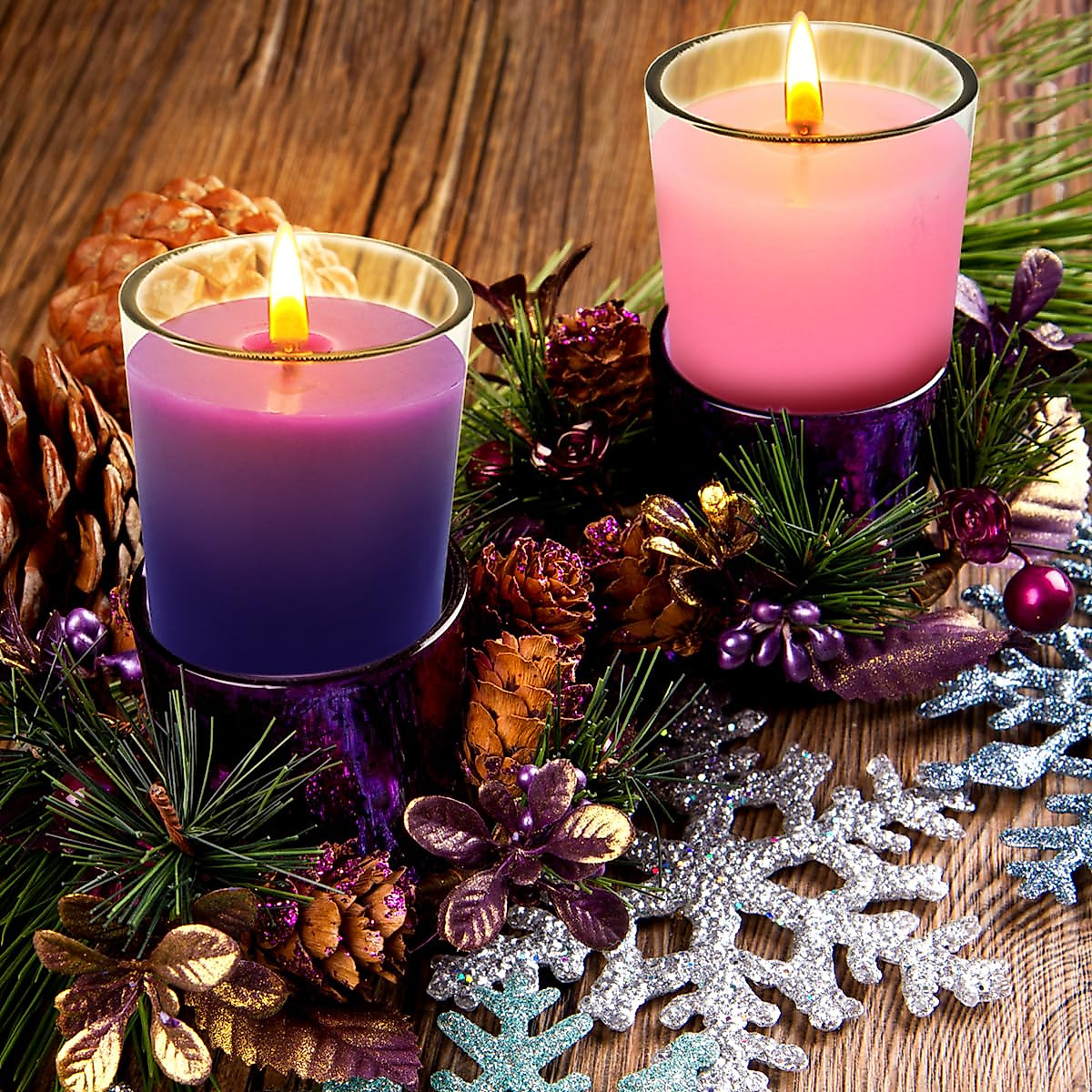 20 Packs Advent Candles with Clear Glass Holder, 15 Purple and 5 Pink Votive Candles, Unscented Seasonal Celebration Candles for Christmas Table Decoration