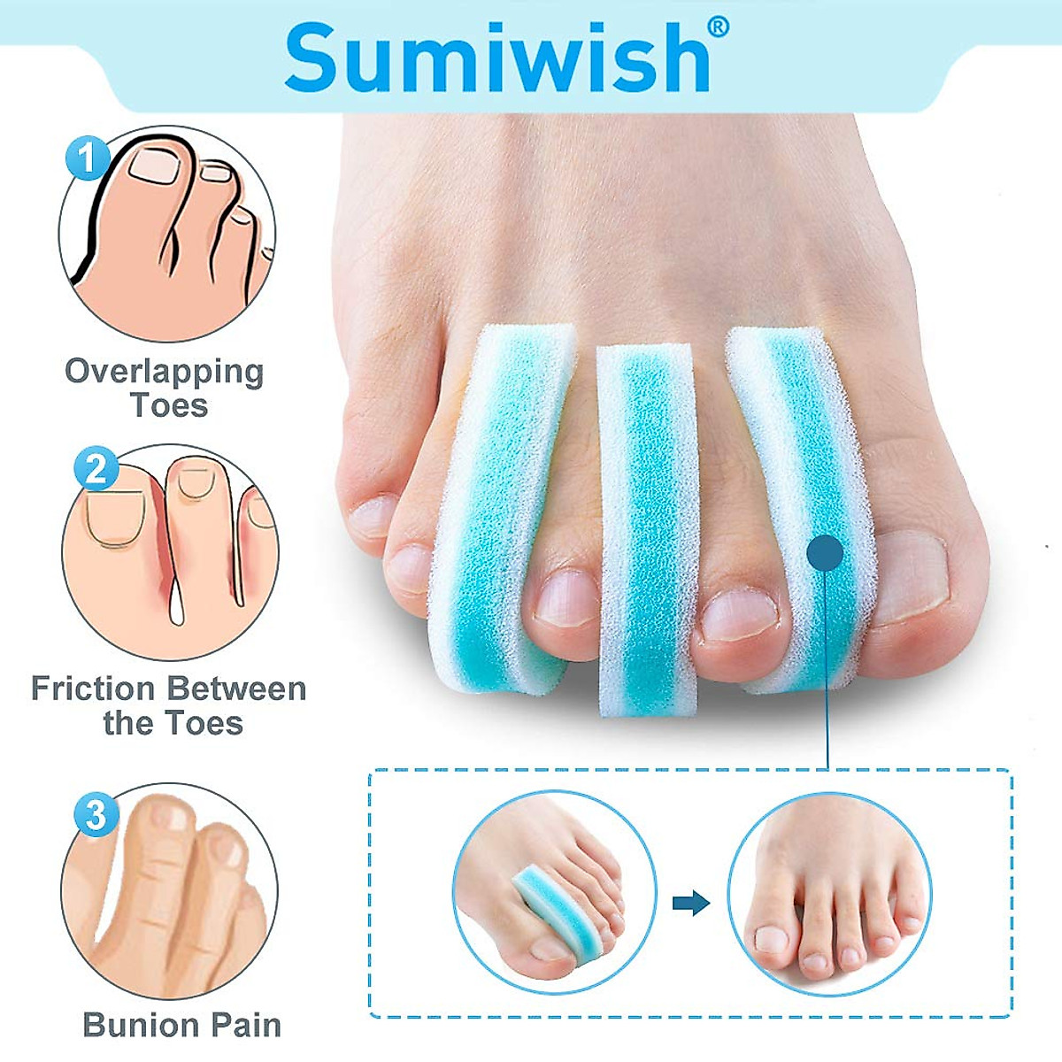 Sumiwish Foam Toe Separators, 10 Pack Breathable Toe Spacers, Reduce Friction and Relieve Corns Pain, Overlapping Toes Corrector - (Blue)