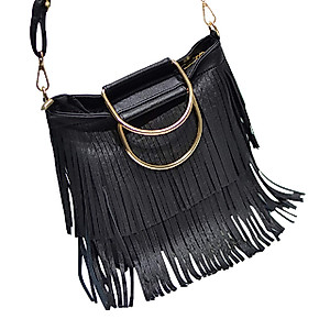 CHIC DIARY Women's Crossbody Bag Leather Tassel Shoulder Handbag Clutch Purse (Black)