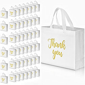 Fumete 50 Pcs Reusable Non Woven Thank You Bags Shopping Bags Grocery Bags Bulk Shopping Merchandise Bag with Handles (White, Gold)