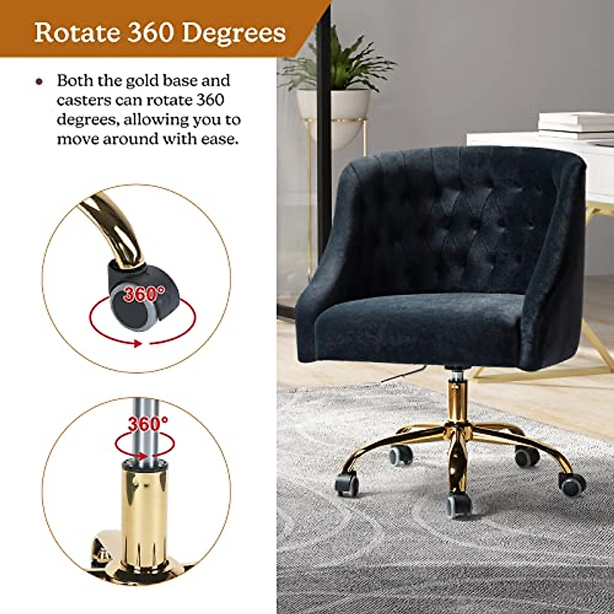 Velvet Home Office Chair with Gold Base, Comfortable Modern Cute Desk Chair, Adjustable Swivel Task Chair for Living Room Bedroom Vanity Study, Black