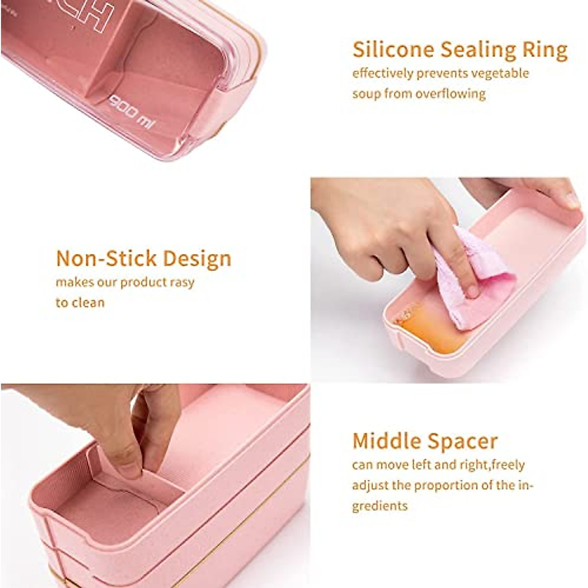 Rarapop 2 Pack Stackable Bento Box Japanese Lunch Box Kit with Spoon & Fork, 3-In-1 Compartment Wheat Straw Meal Prep Containers for Kids & Adults (Pink/Beige)