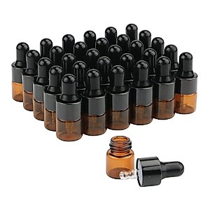 30Pcs Amber Glass Dropper Bottles Mini Empty Sample Vials Essential Oil Dropping Bottles Perfume Jars Cosmetic Container with Glass Eye Dropper and Black Caps (1ml)