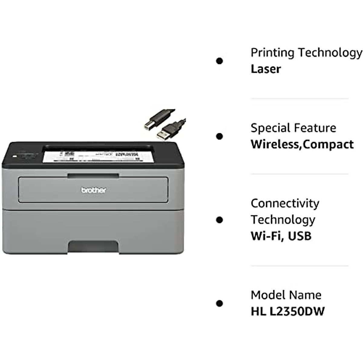 Brother HL-L2350DW Monochrome Compact Laser Printer with Wireless and Duplex Printing + Printer Cable