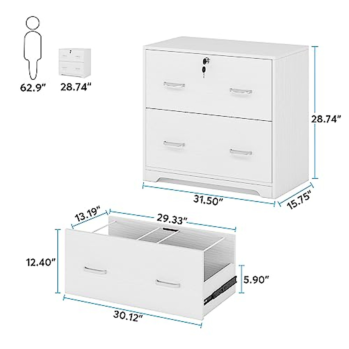 LITTLE TREE Lateral File Cabinet with 2 Drawers, 31.5 Inches Large Filing Cabinet for Hanging Letter/Legal/F4/A4 Size Files with Lock, Home Office, White