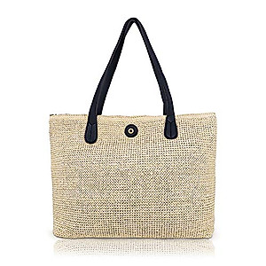QTKJ Women Straw Summer Beach Bag Handwoven Big Tote Leather Shoulder Handbag with Tassel Decorate (Black)