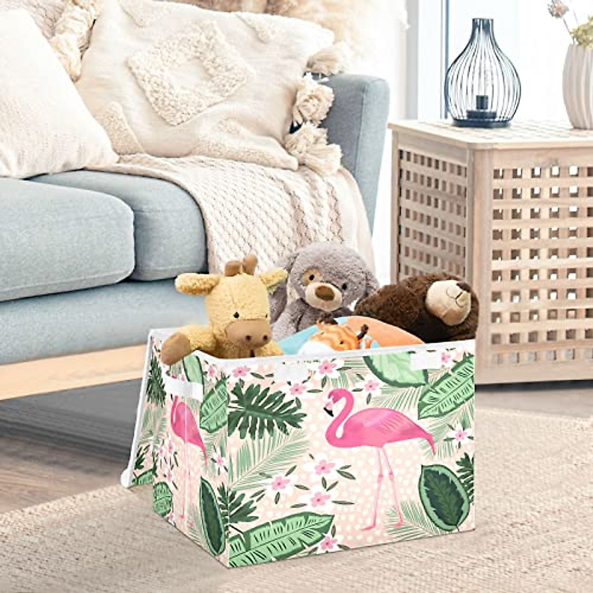 Kigai Tropical Pink Flamingo Storage Bins with Lids and Handles 17x13x12 In Foldable Fabric Storage Basket Toys Clothes Organizer for Shelves Closet Home Bedroom Office