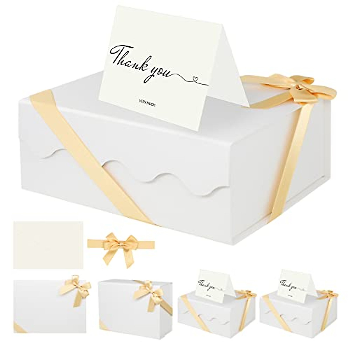 zmybcpack 5 Pack White Gift Boxes 12”x9”x4”, Luxury Wedding Gift Boxes Boxes Collapsible Magnetic Closure Gift Box Bulk with Thank You Card & Envelopes, Champagne Gold Ribbon For Wedding, Birthday