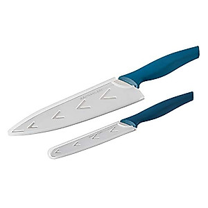 Rachael Ray Basics Japanese Stainless Steel Knife Set/ Cutlery / Chef and Utility Knives Set with Sheaths- 8 Inch Chef Knife and 5 Inch Serrated Utility Knife with Marine Blue Handles