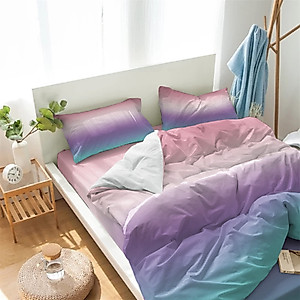 Chucoco Full Duvet Covers Set Pink Purple Teal Color Gradient 4 Pcs Bedding Sets Brushed Microfiber Quilt Covers Lightweight Cozy Flat Sheet with 2 Pillowcases Ombre Colored Abstract Art
