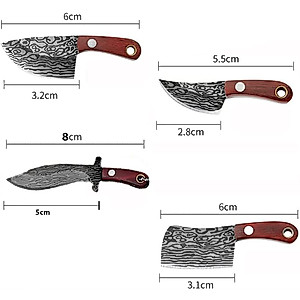 Afhzam Handmade Damascus Steel Knife Set Mini Chef Knives | HandForged EDC Knife Set Tiny Knife Cleaver for Package Opener Box Cutter | Keychain Small Knife 4-Piece Set with Sheath (Mini_KNF-1)
