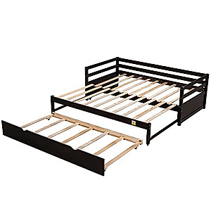 Merax Wood Daybed with Pop Up Trundle Twin to King Triple Sofa Bed for Kids Teens Adults/No Box Spring Needed Espresso