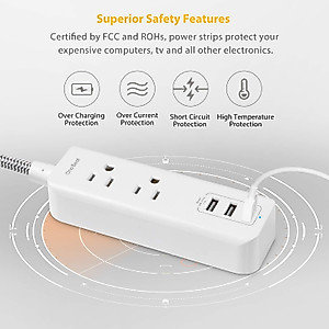 Power Strip with 3 USB Charging Ports(15W/3.1A) and 2 Outlets, Desktop Charging Station with 5 Foot Braided Extension Cord, Right Angle Flat Plug, Small for Travel Hotel, Cruise Ship, Home and Office